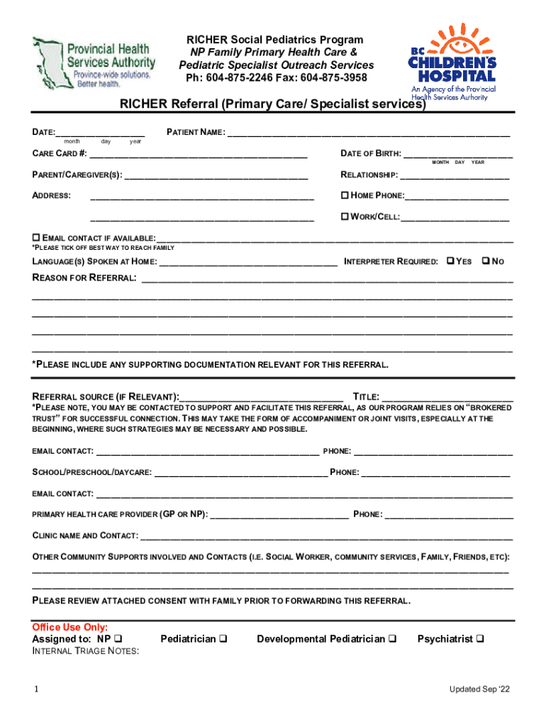 Fillable Online REQUEST FOR PEDIATRIC DEVELOPMENTAL ASSESSMENT Fax ...