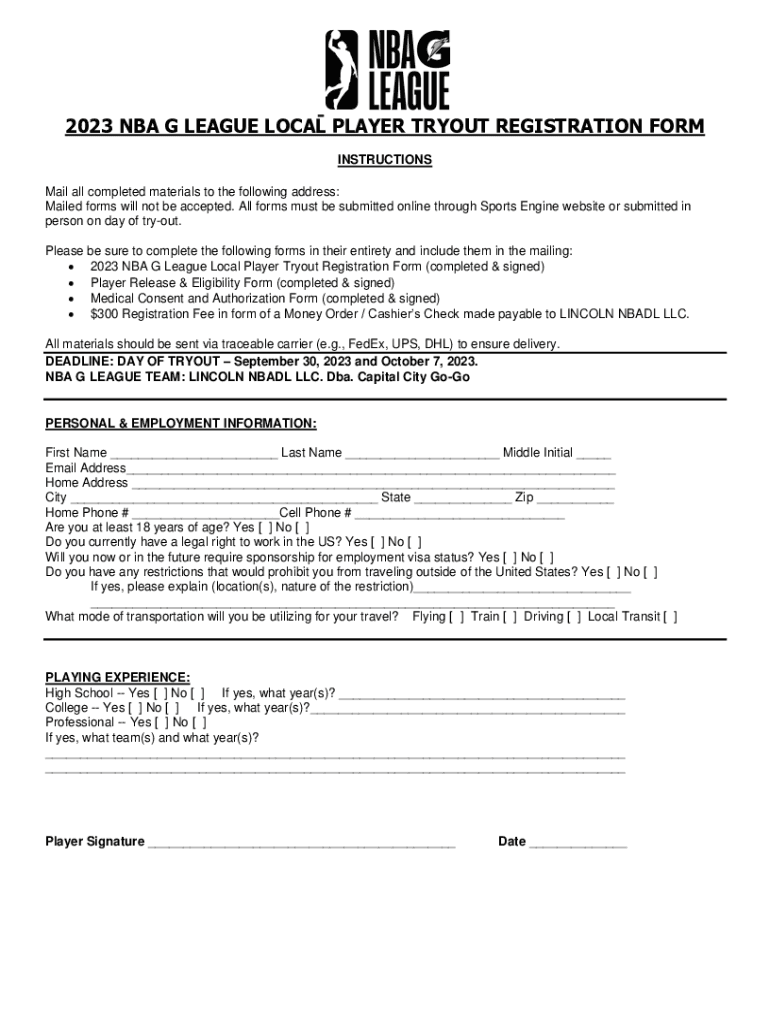 Fillable Online 2023 nba g league local player tryout registration form ...