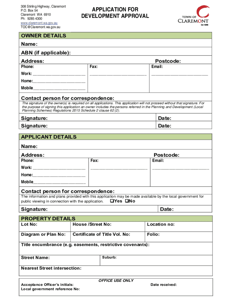 Fillable Online APPLICATION FOR DEVELOPMENT APPROVAL FORM 1A Fax Email ...