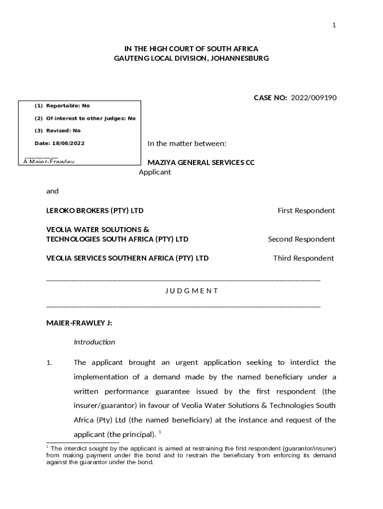 Fillable Online Maziya General Services CC v Leroko Brokers (PTY) Ltd ...