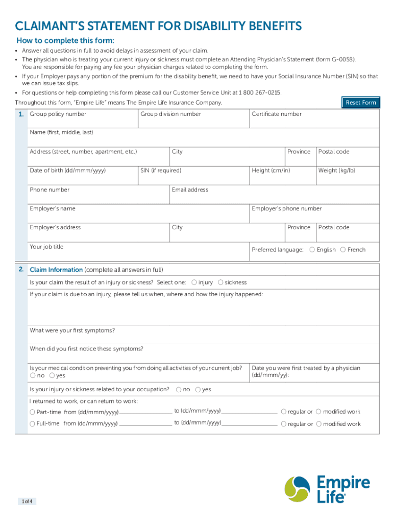 Fillable Online G-0019 Claimant's Statement for Disability Benefits Fax ...