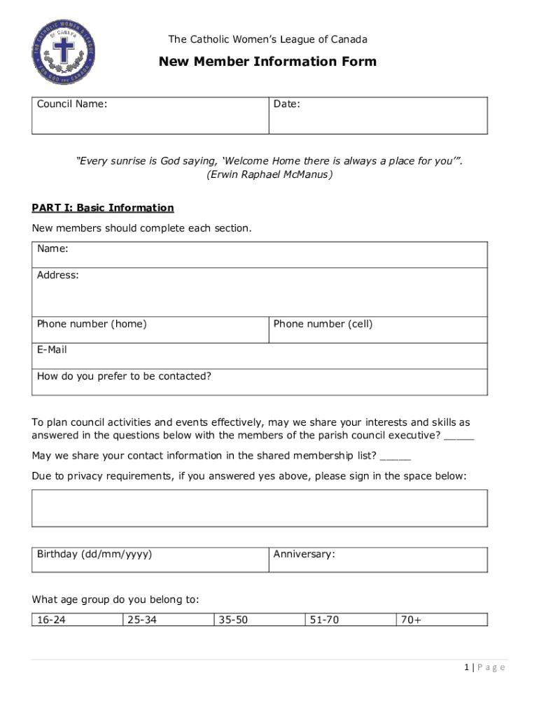 Fillable Online kingston cwl on New Member Information Form - Kingston ...