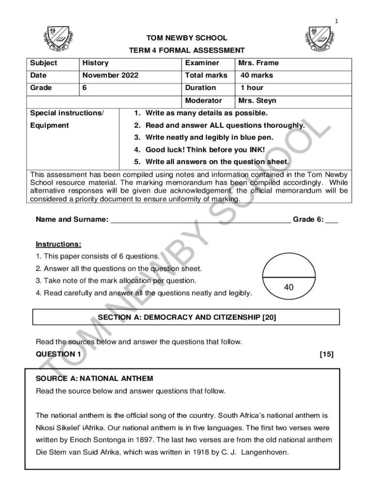 Fillable Online TERM 4 FORMAL ASSESSMENT Fax Email Print - pdfFiller