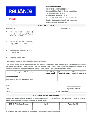 Fillable Online POSTAL BALLOT FORM ELECTRONIC VOTING ... Fax Email ...