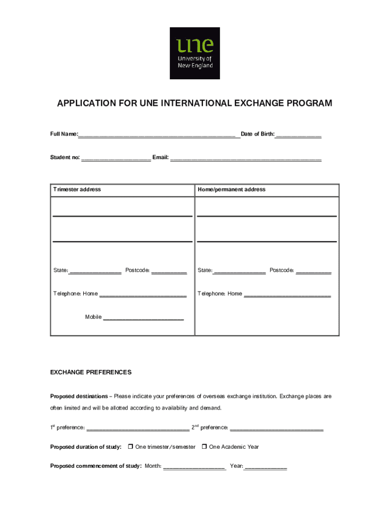 Fillable Online UNE - Application for UNE International Exchange ...