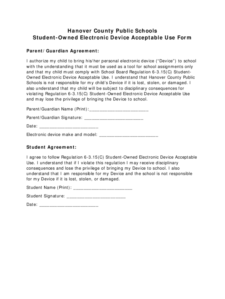 Fillable Online Student-Owned Electronic Devise Acceptable Use Form Fax ...