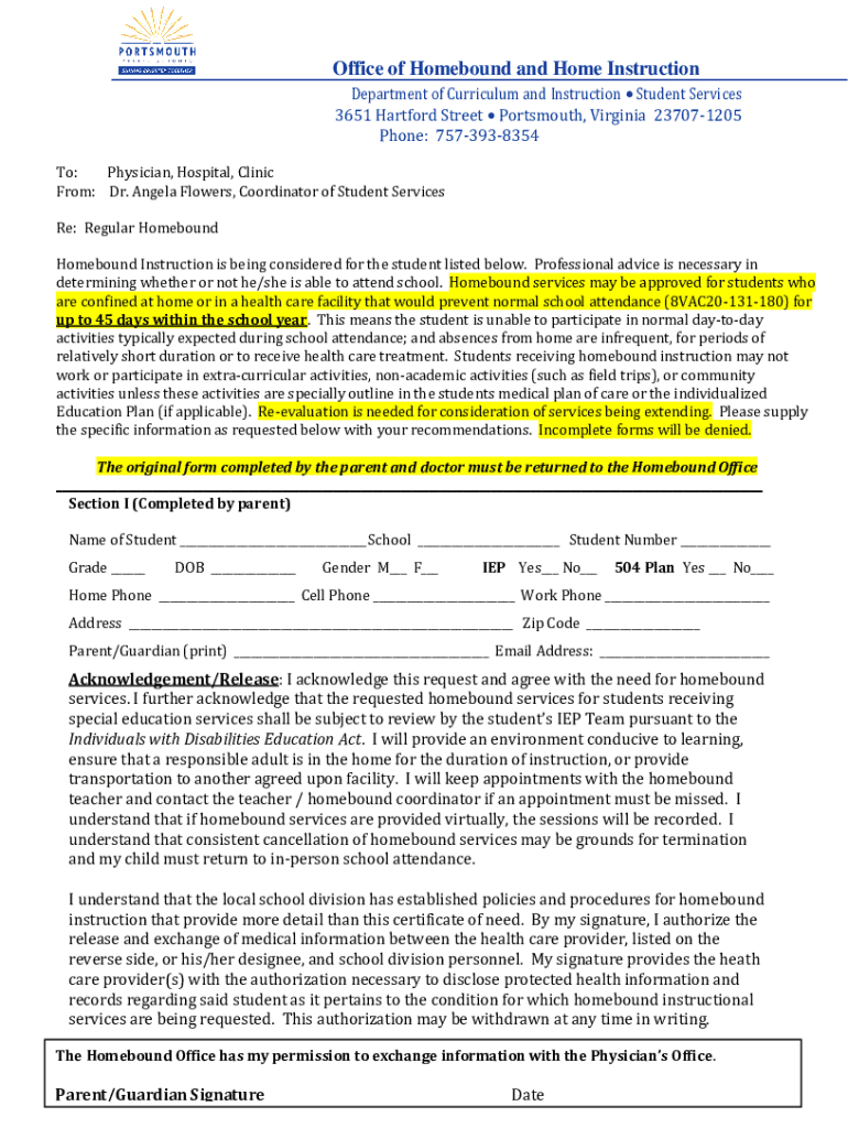 Fillable Online Hospital Homebound Department Fax Email Print - pdfFiller