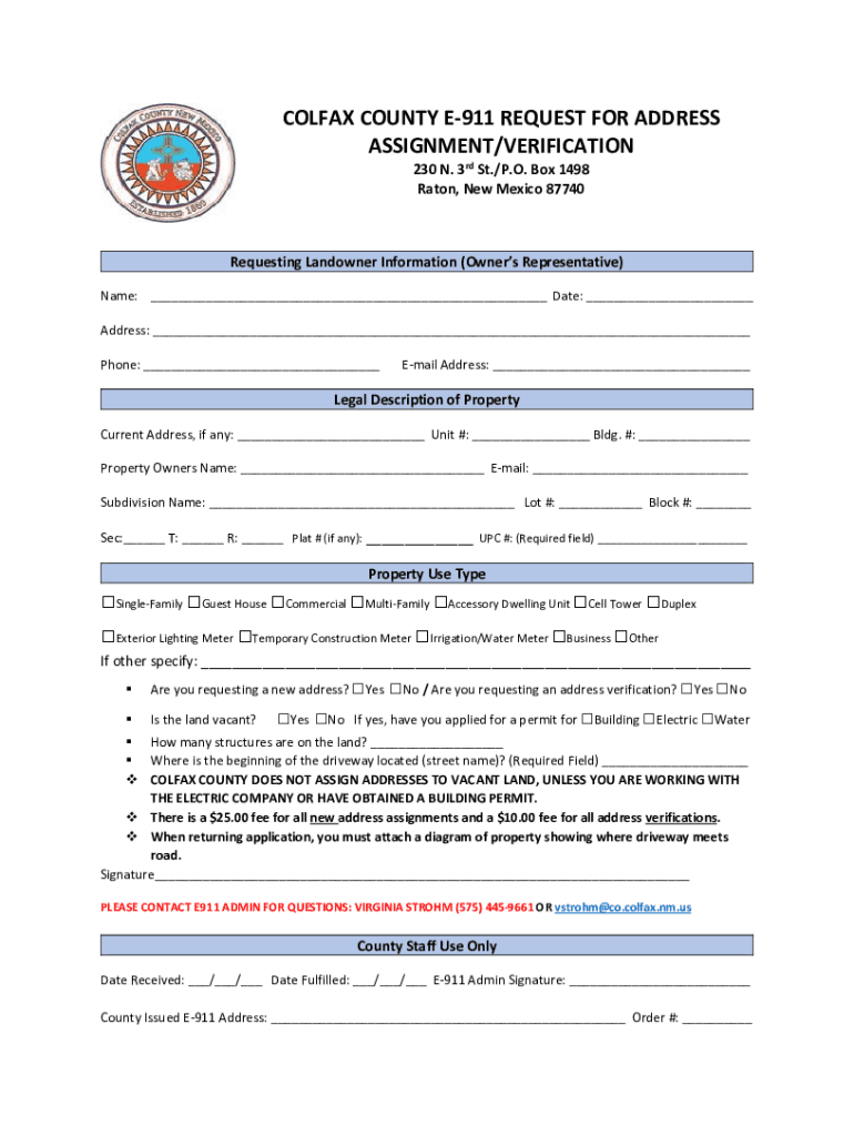 Fillable Online COLFAX COUNTY E-911 REQUEST FOR ADDRESS ... Fax Email ...