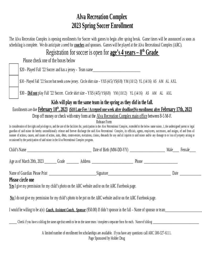 ALVA RECREATION COMPLEX Soccer - $30 Doc Template | pdfFiller