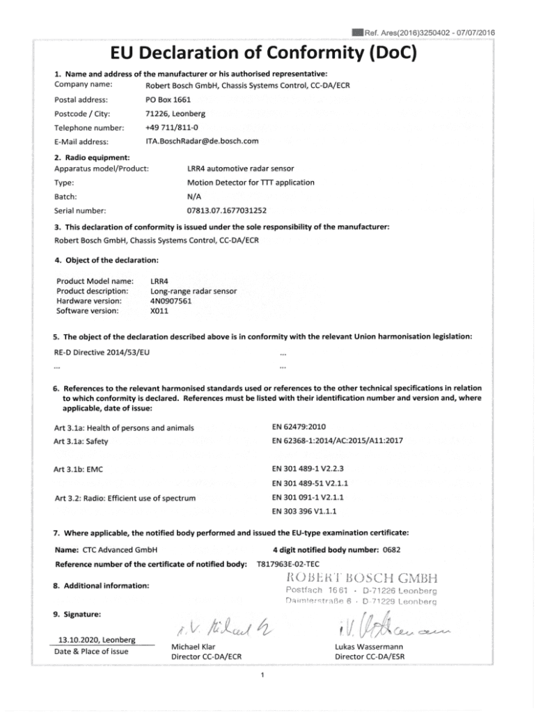 Fillable Online suzuki declaration of conformity bosch radar sensor.pdf ...