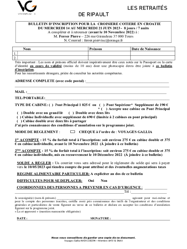Remplissable En Ligne BULLETIN D'INSCRIPTION VOYAGES Fax Email Imprimer ...