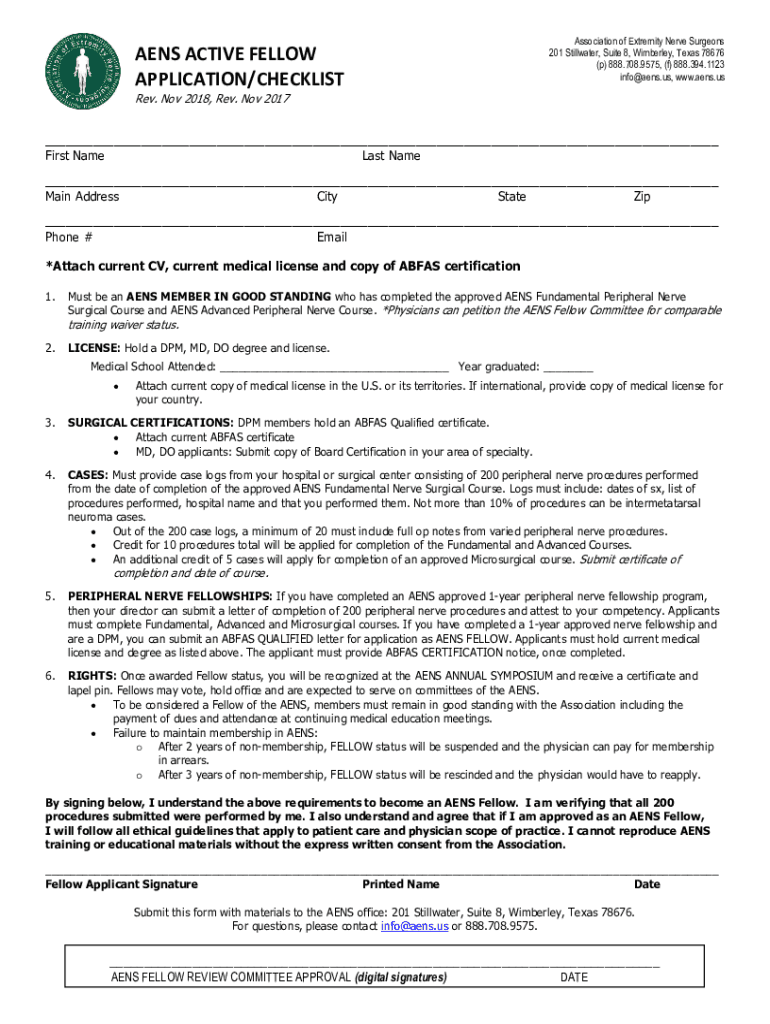 Fillable Online AENS ACTIVE FELLOW APPLICATION/CHECKLIST Fax Email ...