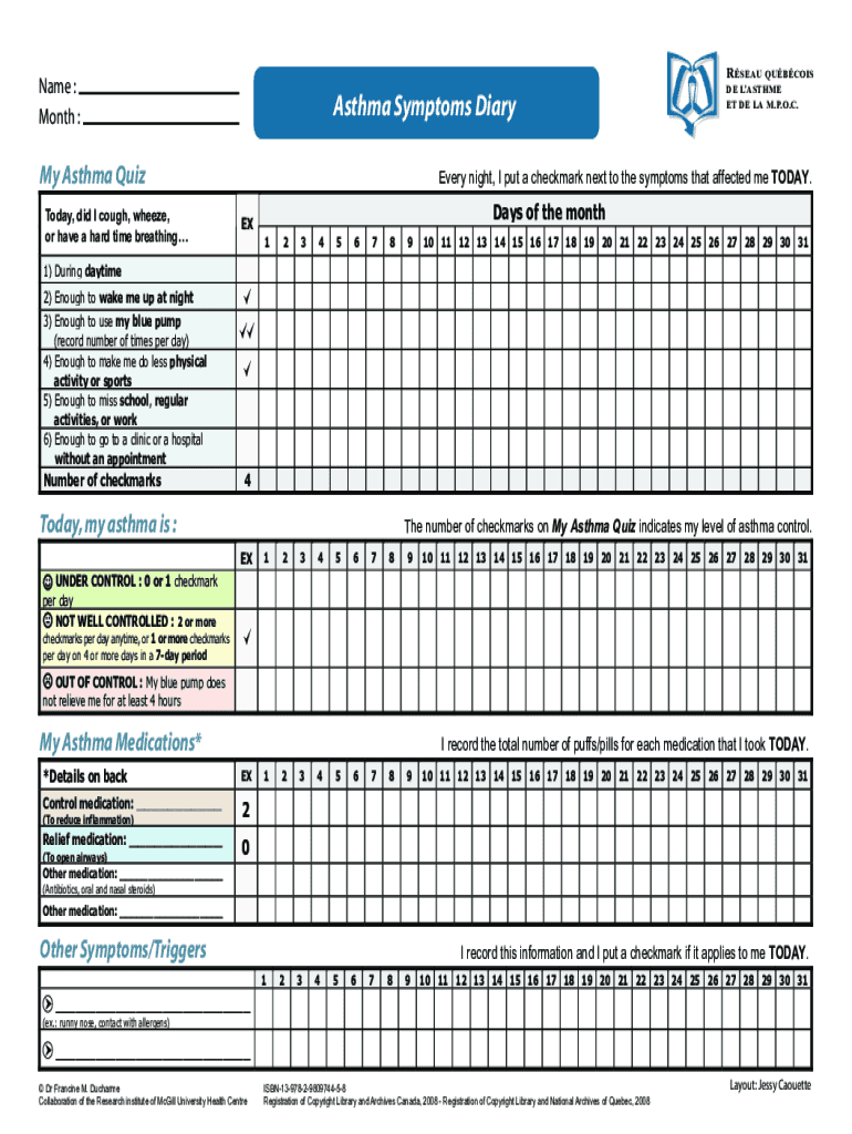 Fillable Online Asthma Symptoms Diary Fax Email Print - pdfFiller