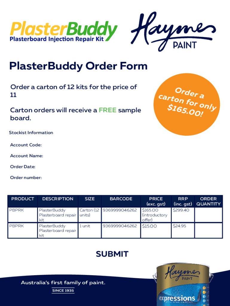 Fillable Online PlasterBuddy Order Form Fax Email Print - pdfFiller