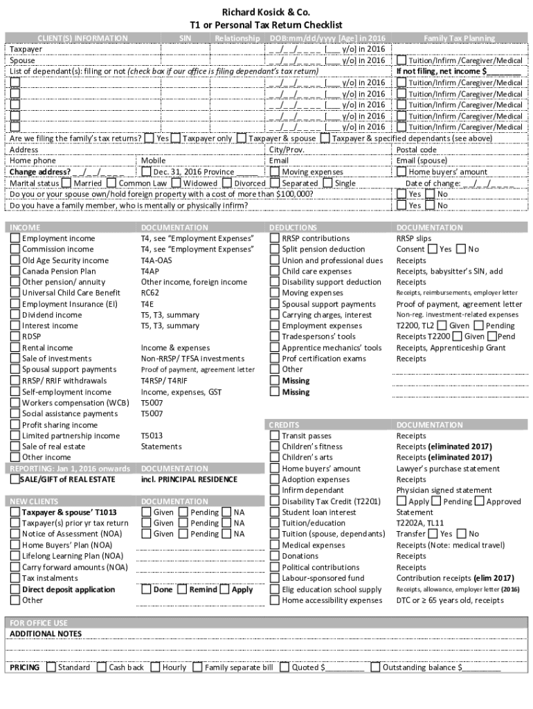 Fillable Online Richard Kosick & Co. T1 or Personal Tax Return ...
