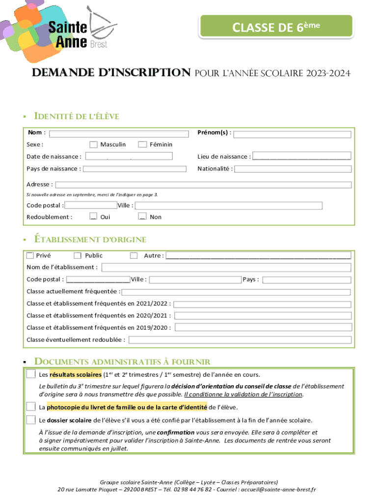 Remplissable En Ligne CLASSE DE 6me Fax Email Imprimer - pdfFiller