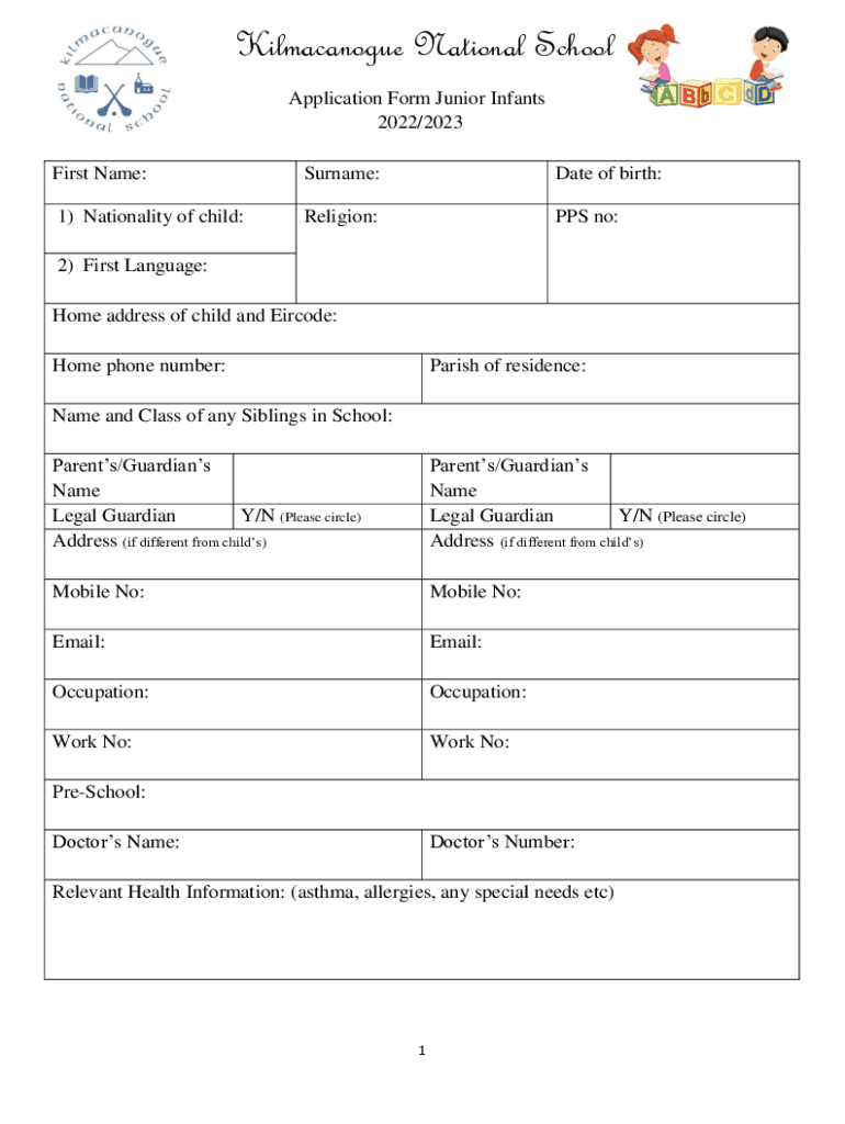 Fillable Online Admission Application Form: 2022/2023: Junior Infants ...