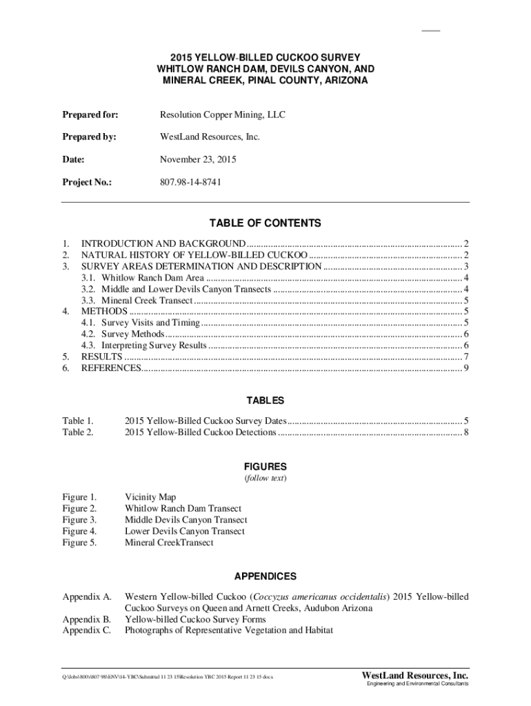 Fillable Online 2015 Yellow-Billed Cuckoo Survey Whitlow Ranch Dam ...