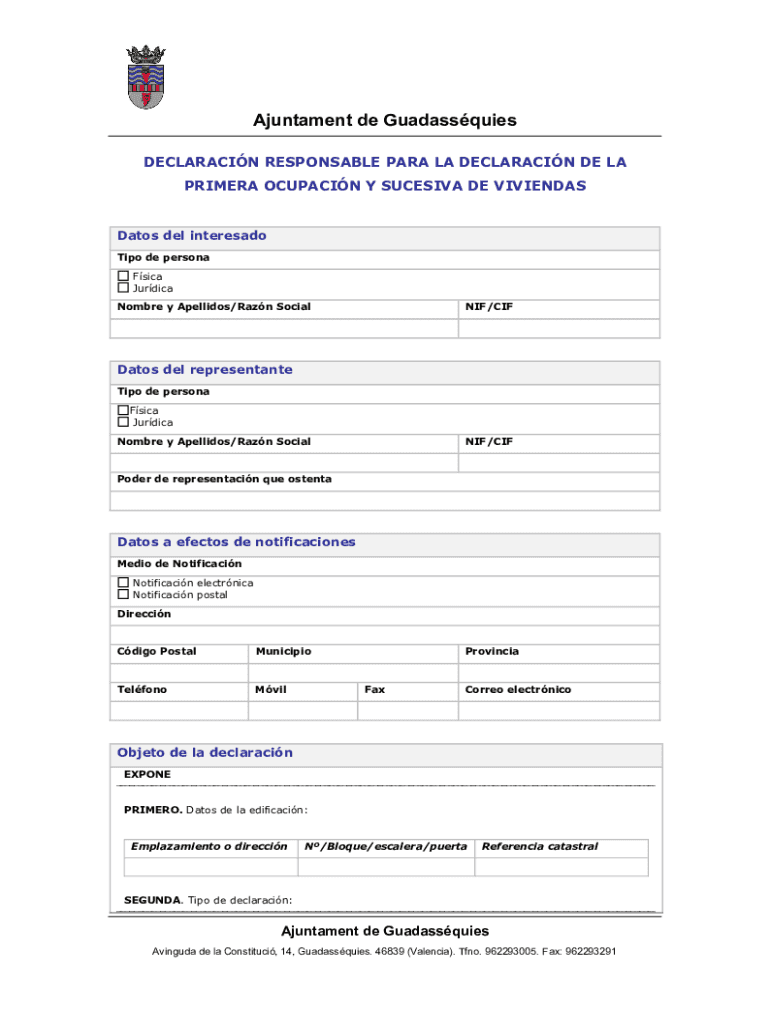 Completable En línea DECLARACION RESPONSABLE DE LA PRIMERA OCUPACIN Y SUCESIVAS DE VIVIENDAS Fax ...