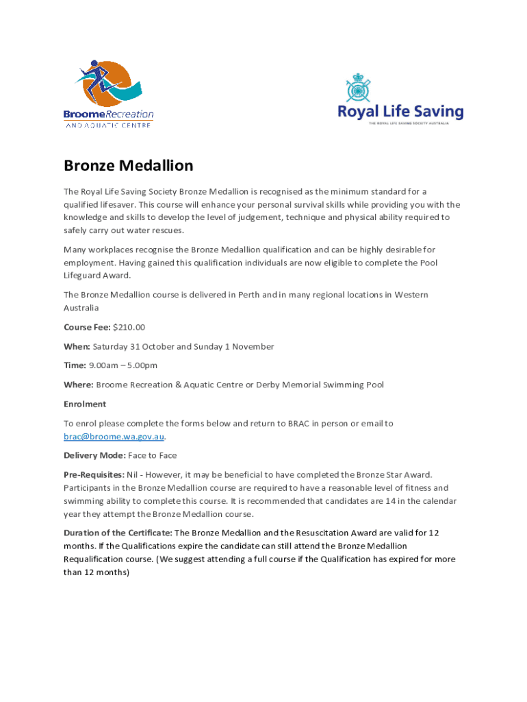 Fillable Online Bronze Medallion CoursesRoyal Life Saving Society Fax ...