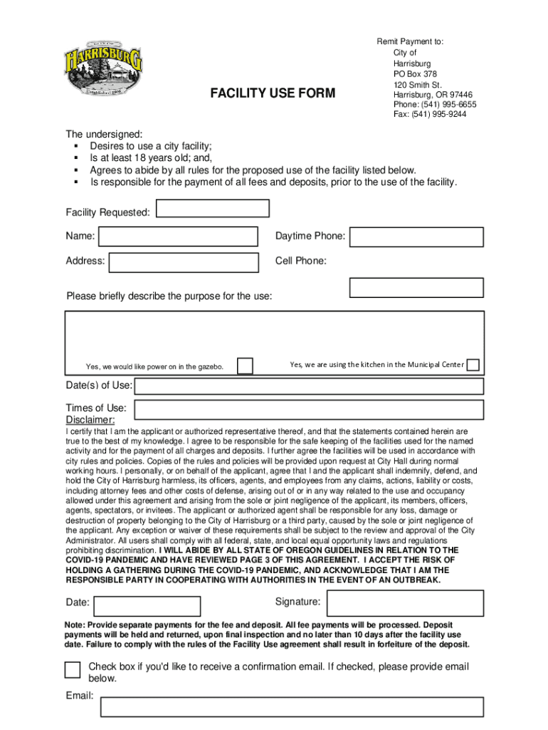 Fillable Online FACILITY USE FORM - City of Harrisburg Oregon Fax Email Print - pdfFiller