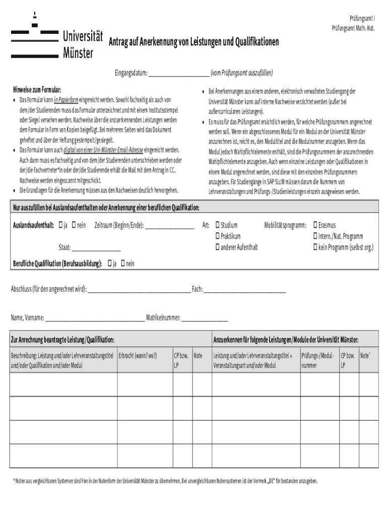 Ausfüllbar Online Antrag auf Anerkennung von Leistungen und ...