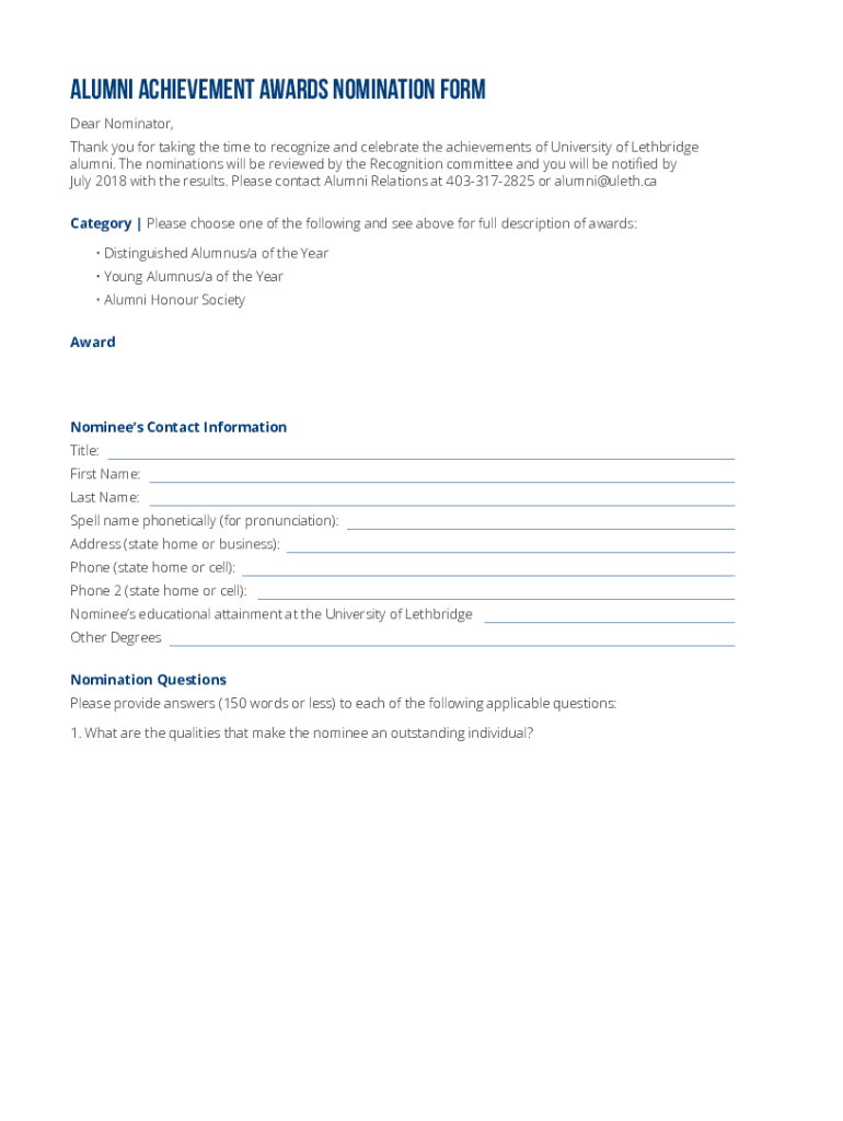 Fillable Online Alumni Achievement Awards - Nomination Form Fax Email Print - pdfFiller