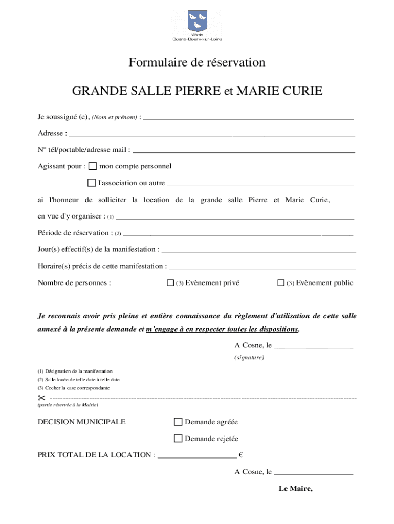 Remplissable En Ligne Formulaire de rservation GRANDE SALLE PIERRE et ... Fax Email Imprimer ...