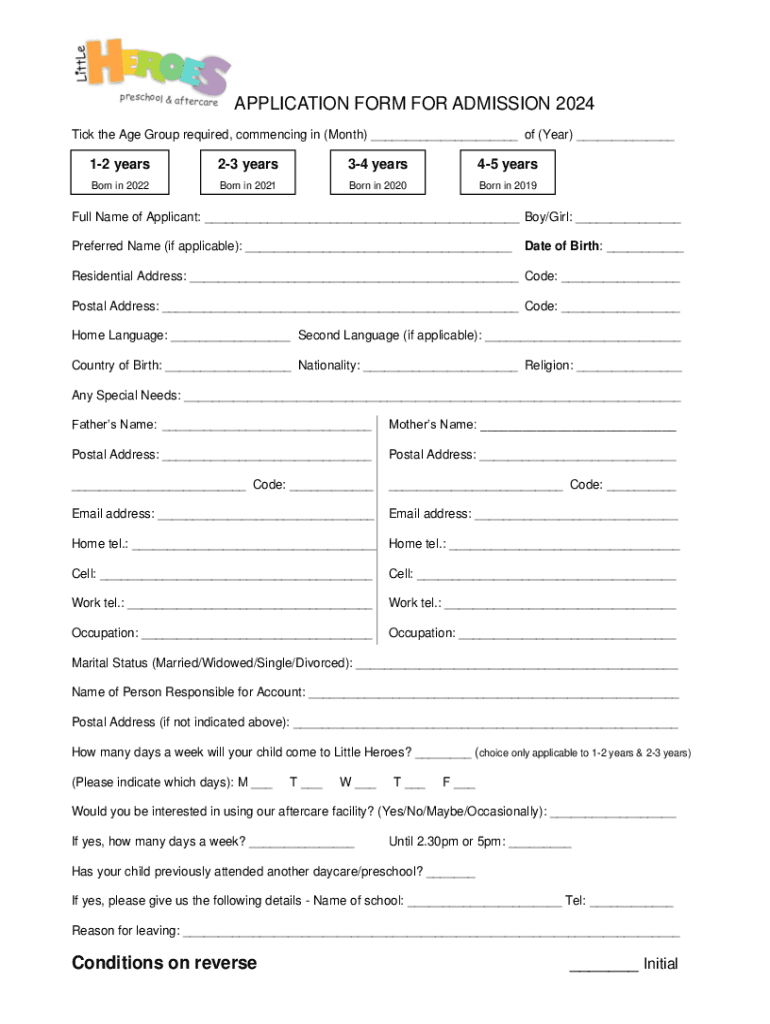 Fillable Online APPLICATION FORM FOR ADMISSION 2024 - Little Heroes Fax ...