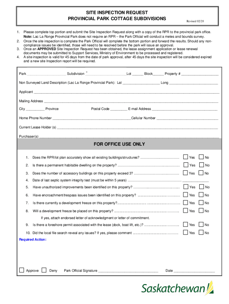 Fillable Online Site Inspection Request Provincial Park Cottage ...