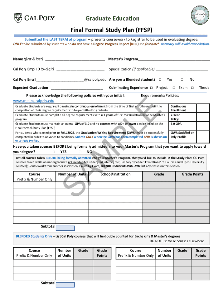 Fillable Online grad calpoly Final Formal Study Plan (FFSP) Graduate Education Fax Email Print ...