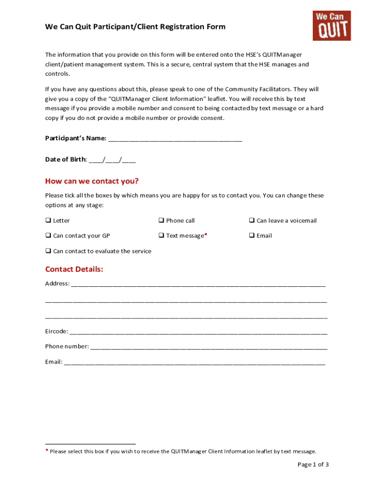 Fillable Online We Can Quit Participant/Client Registration Form Fax ...