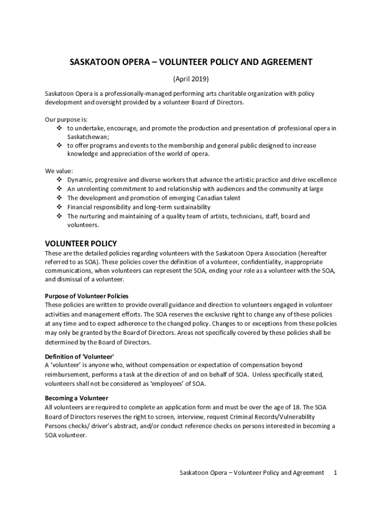 Fillable Online Volunteer Policy and Agreement Fax Email Print - pdfFiller