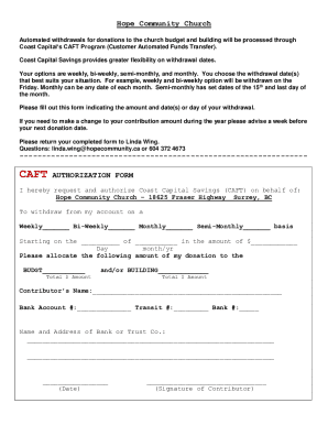 Fillable Online CAFT AUTHORIZATION FORM - Hope Community Church Fax ...