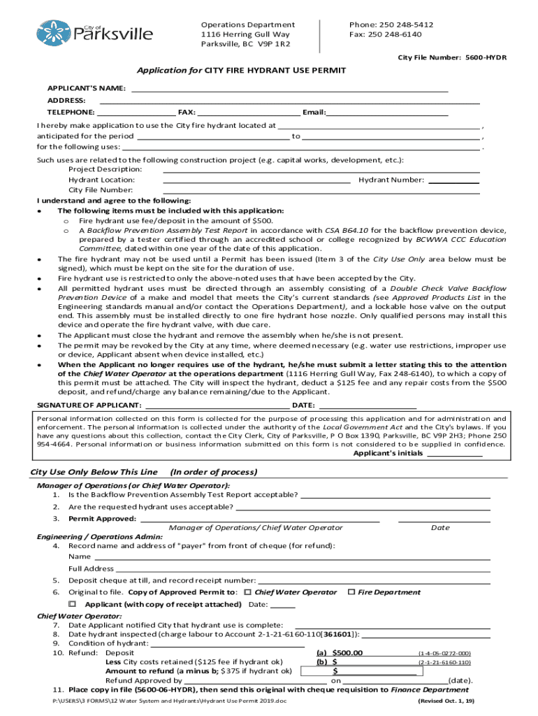 Fillable Online Application for CITY FIRE HYDRANT USE PERMIT Fax Email ...
