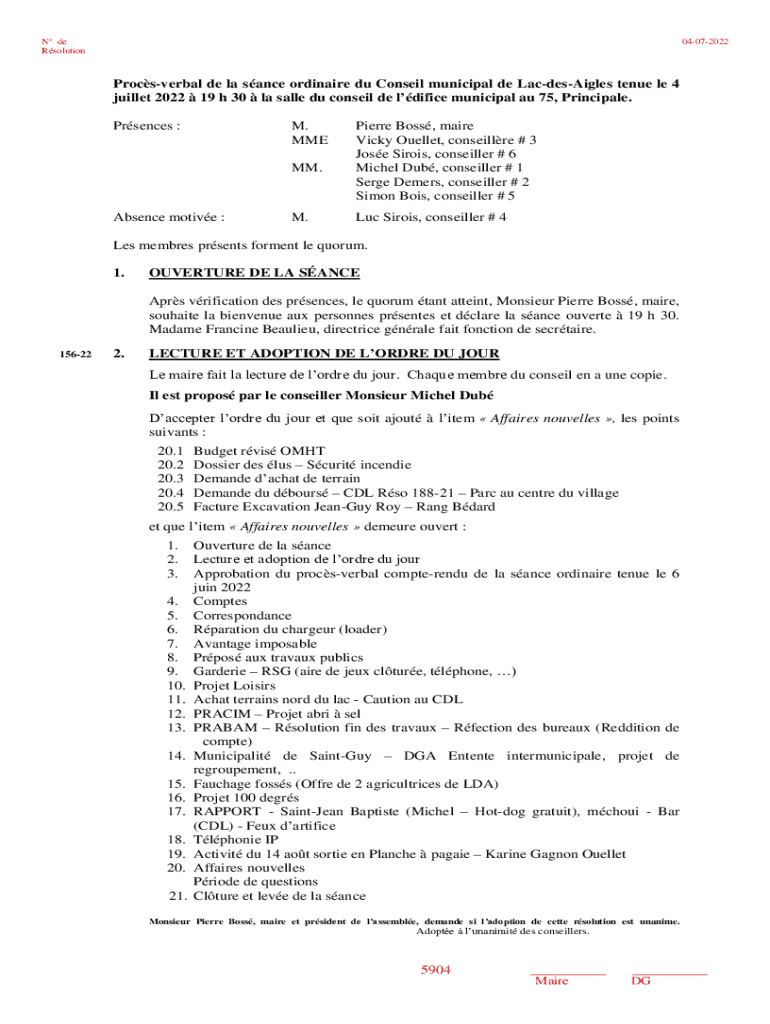 Remplissable En Ligne Procs-verbal de la sance ordinaire du Conseil municipal de Lac-des-Aigles ...