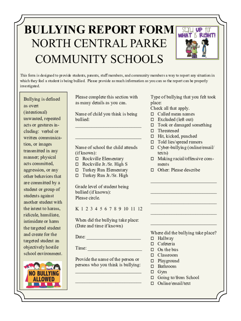 Fillable Online BULLYING REPORT FORM NORTH CENTRAL PARKE ... Fax Email ...