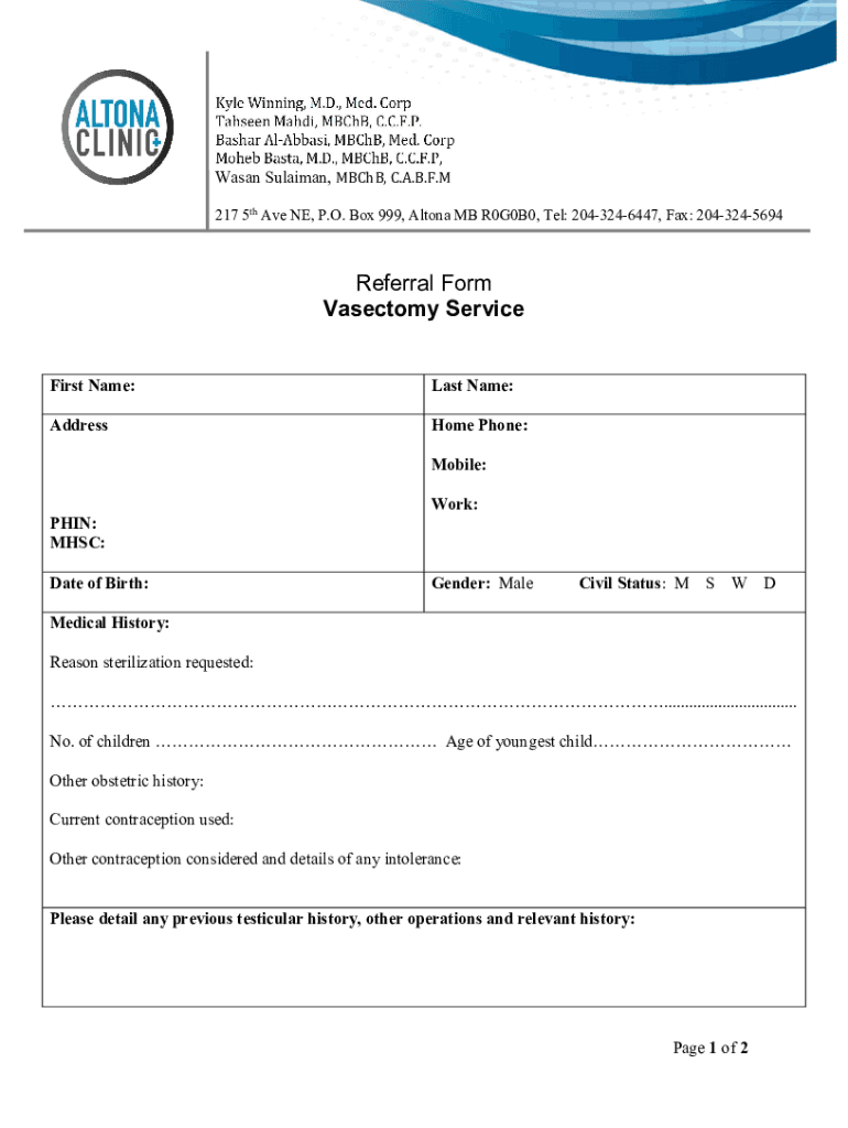 Fillable Online Self-Referral Form Vasectomy Service Fax Email Print ...