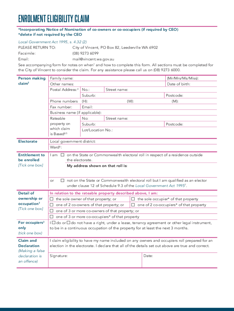 Fillable Online ENROLMENT ELIGIBILITY CLAIM - Town of Mosman Park Fax ...