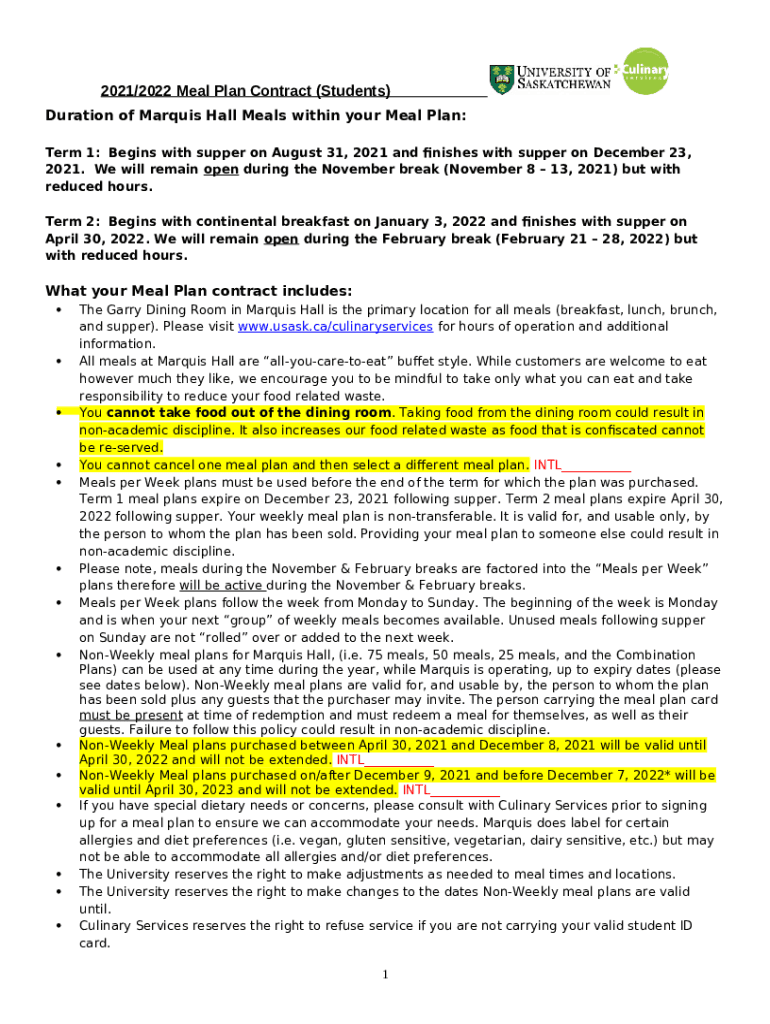 2021-2022 Meal Plan Registration - Culinary Services Doc Template | pdfFiller