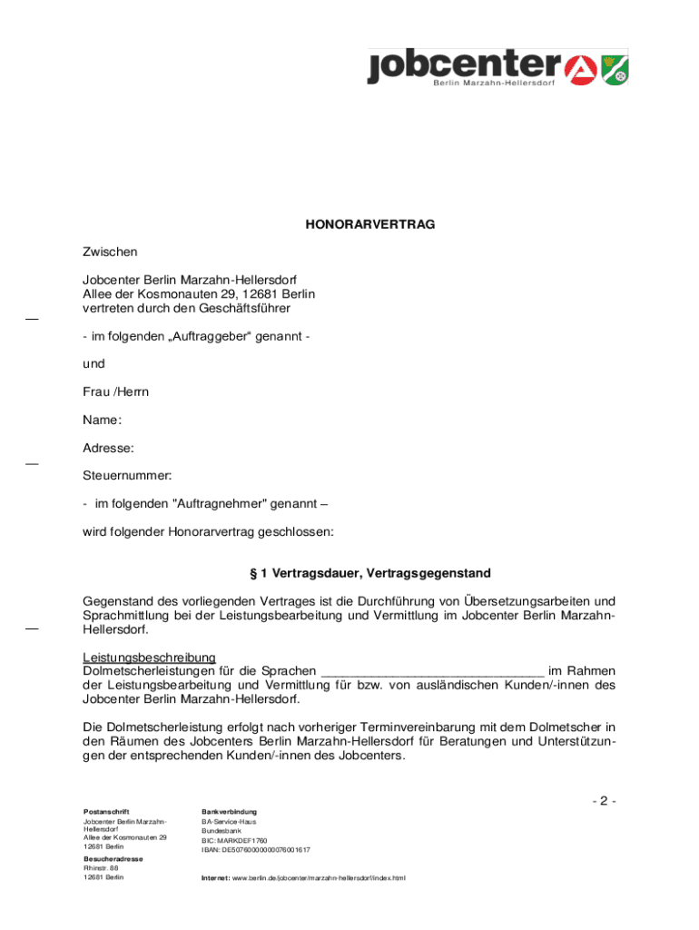 Ausfüllbar Online HONORARVERTRAG Zwischen Jobcenter Berlin Marzahn ... Fax Email Drucken - pdfFiller