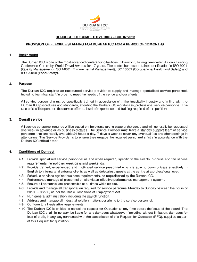 Fillable Online provision of flexible staffing for durban icc for a ...
