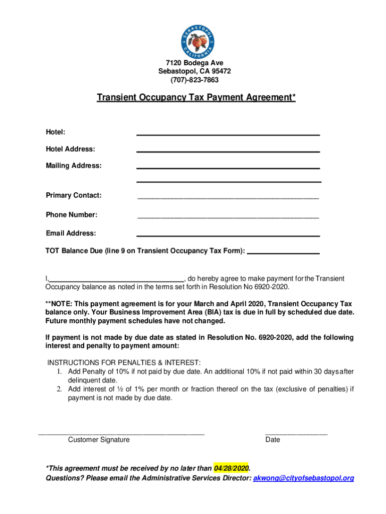 Fillable Online Transient Occupancy Tax Payment Agreement Fax Email ...