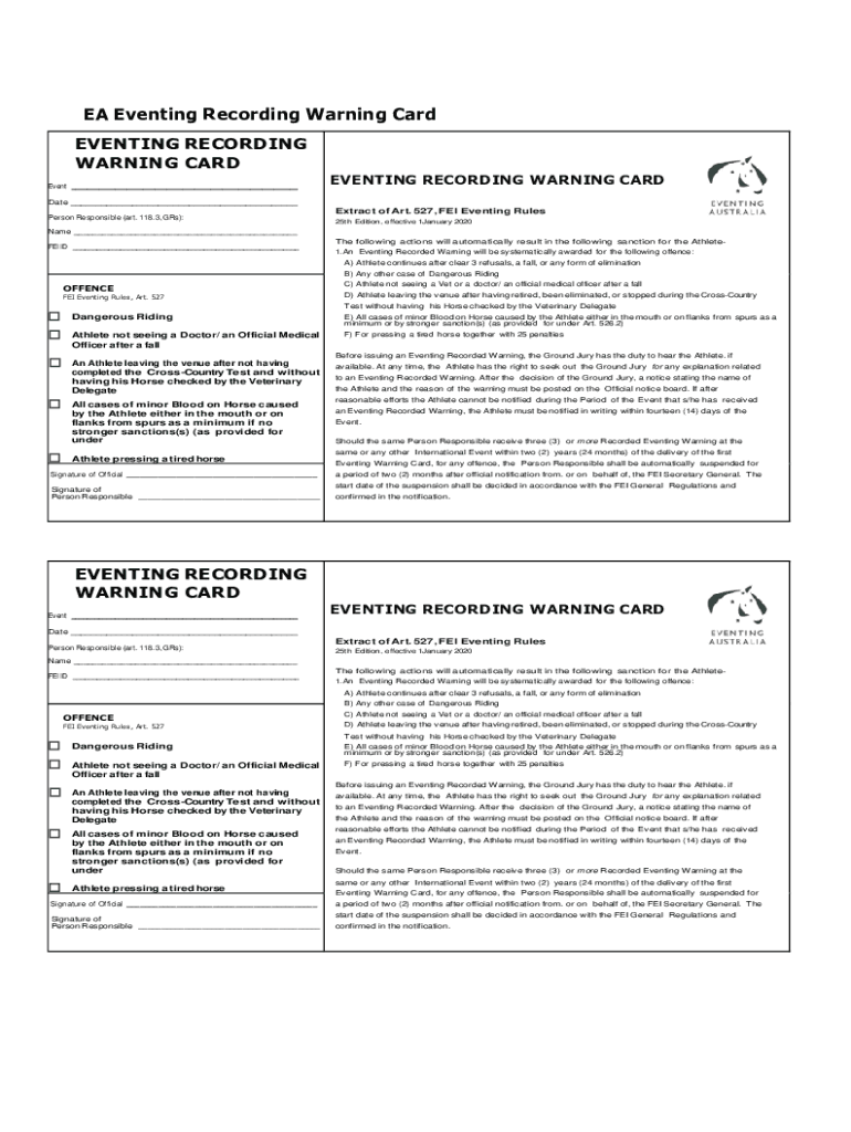 Fillable Online The FEI, Yellow Cards & Recorded Warnings - Eventing ...