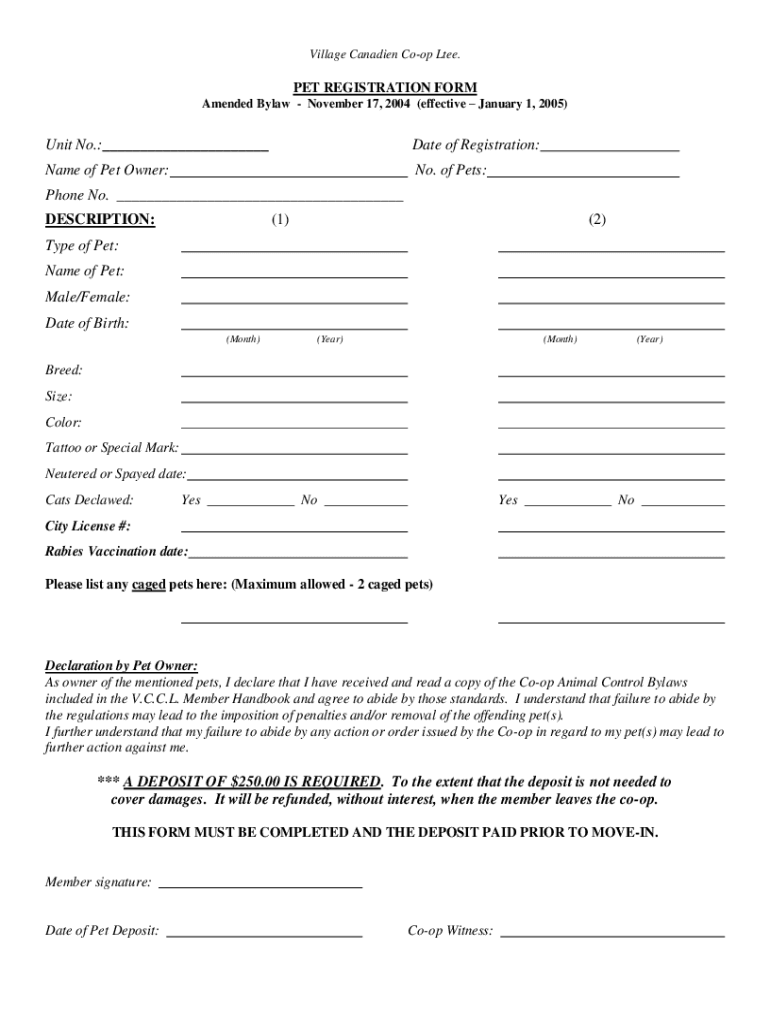 Fillable Online pet registration form - Village Canadien Fax Email ...