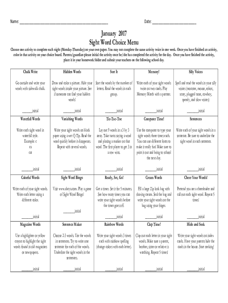 Fillable Online schoolwires henry k12 ga Sight Word Menu Choice Choose ...