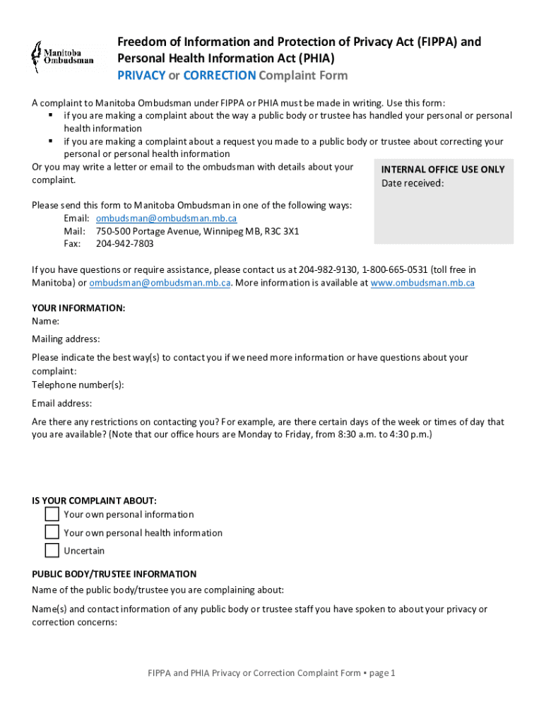 Fillable Online FIPPA and PHIA Privacy or Correction Complaint Form Fax ...