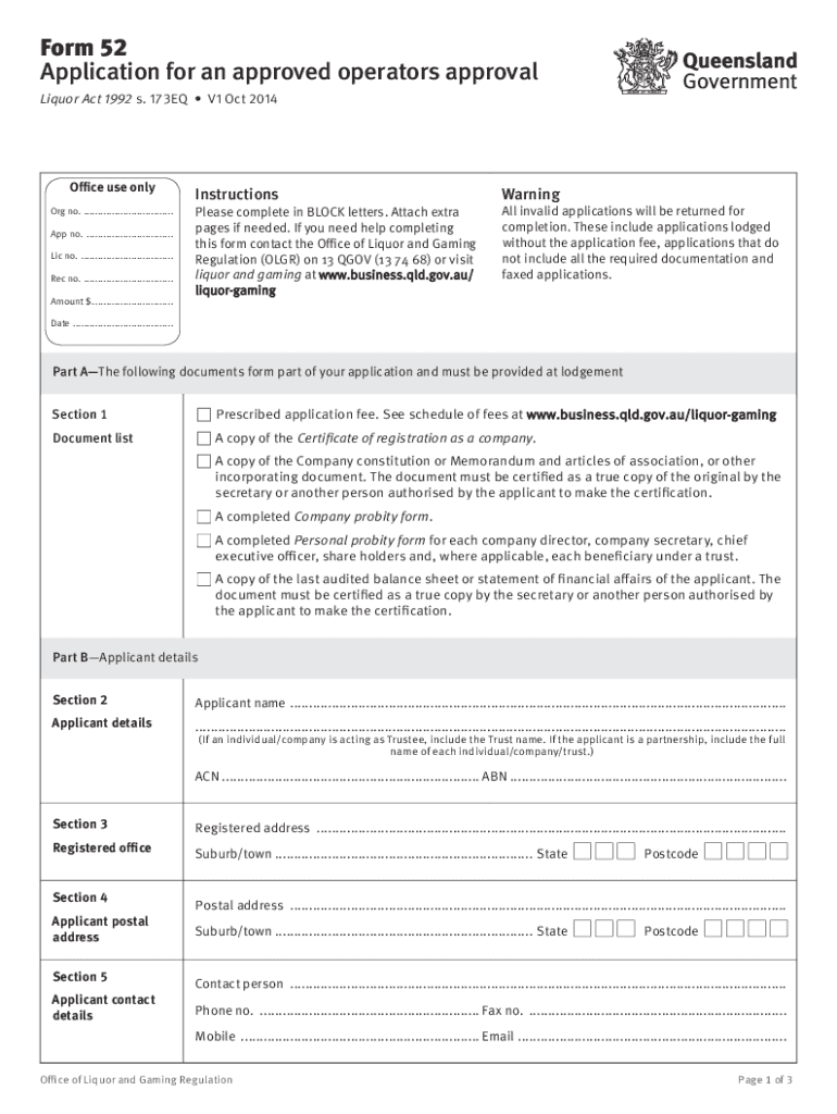 Fillable Online Form 52 - Application for an approved operators ... Fax ...