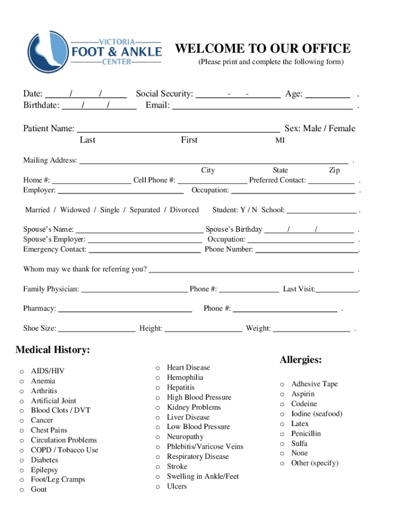 Fillable Online WELCOME TO OUR OFFICE - Victoria Foot & Ankle Center Fax Email Print - pdfFiller