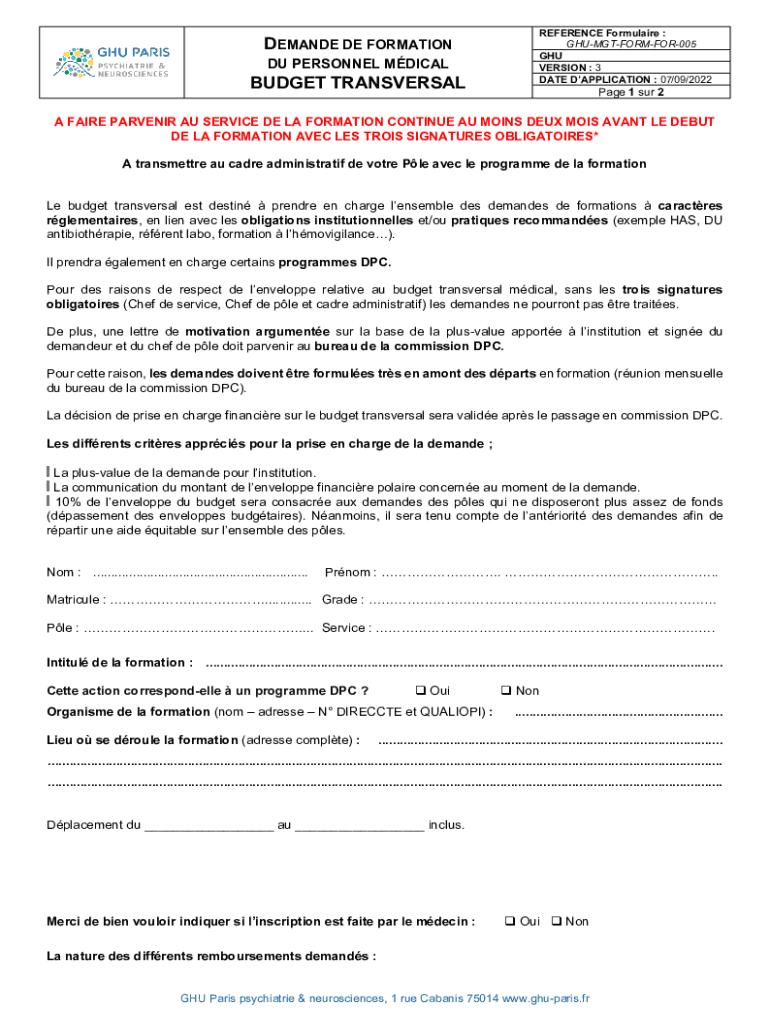 Remplissable En Ligne CHSA MGT FORM FOR 02 V2- Demande de formation transversale du personnel ...